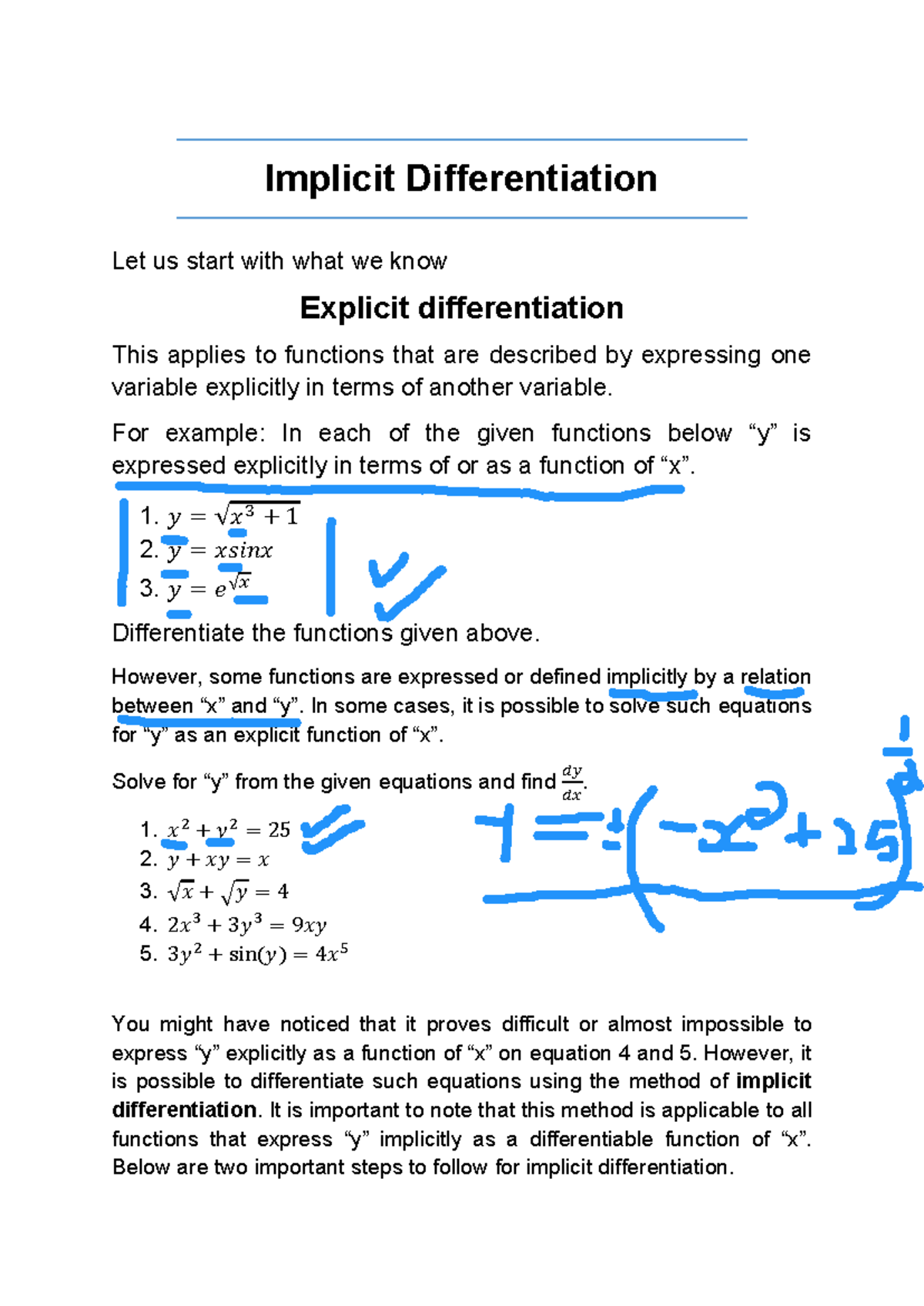 Implicit Differentiation Notes - Implicit Differentiation Let us start ...