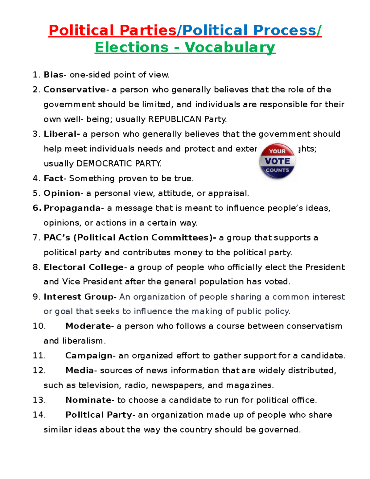 Political Parties Unit Vocabulary - Political Parties/Political Process ...