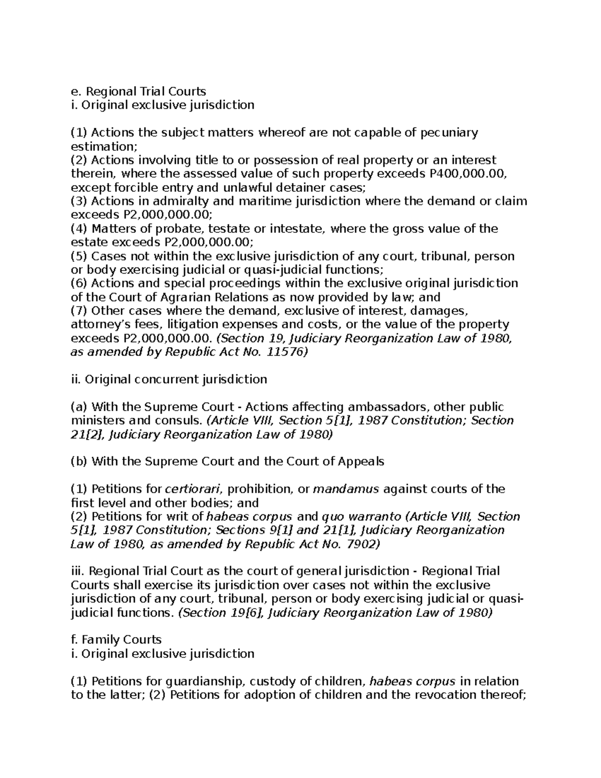 Remedial part 2 - Summary - e. Regional Trial Courts i. Original ...