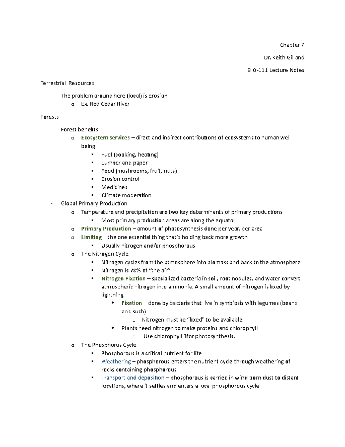 BIO111 - Chapter 7 - Chapter 7 Dr. Keith Gilland BIO-111 Lecture Notes ...