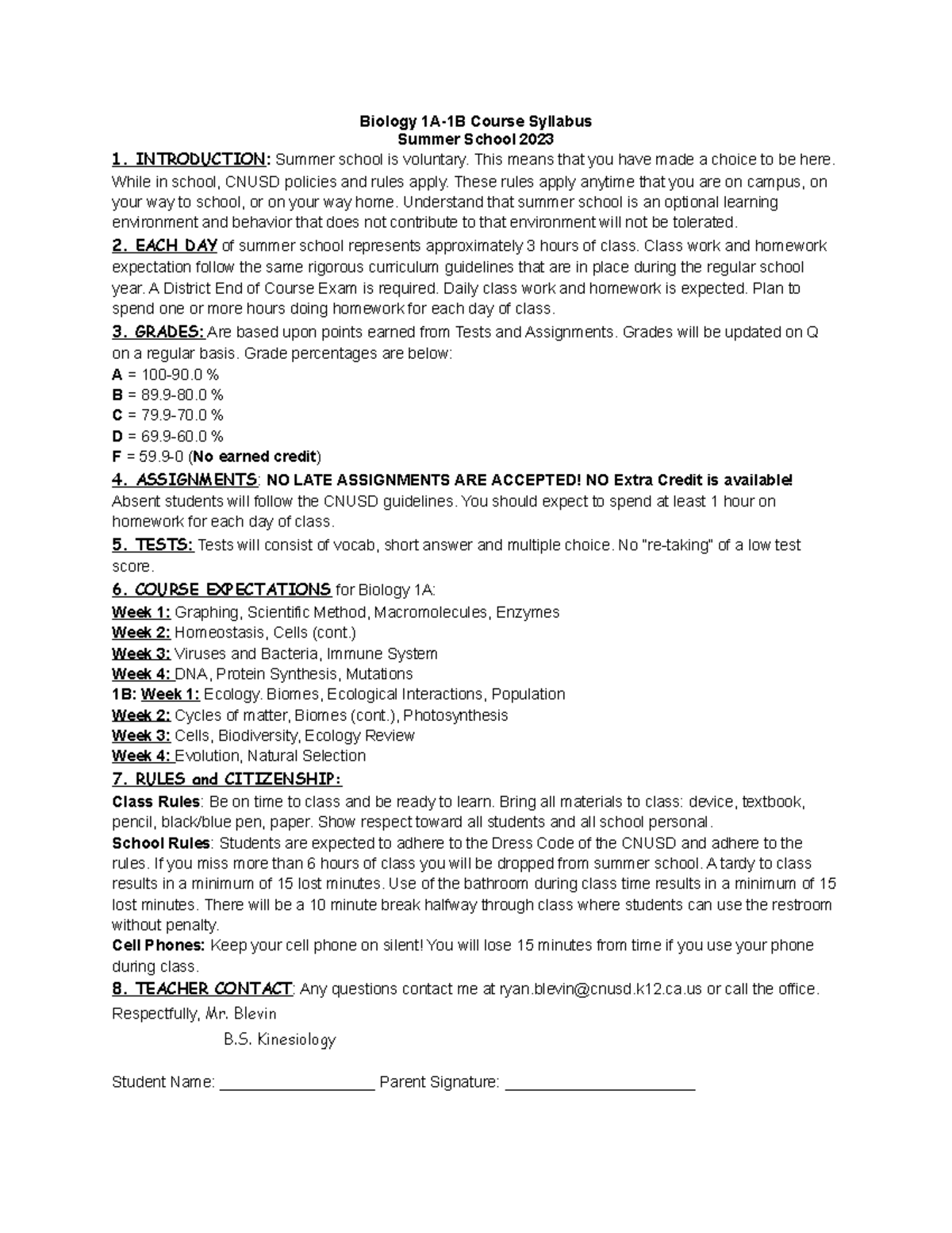 bio course for summer school bio 1 - Biology 1A-1B Course Syllabus ...