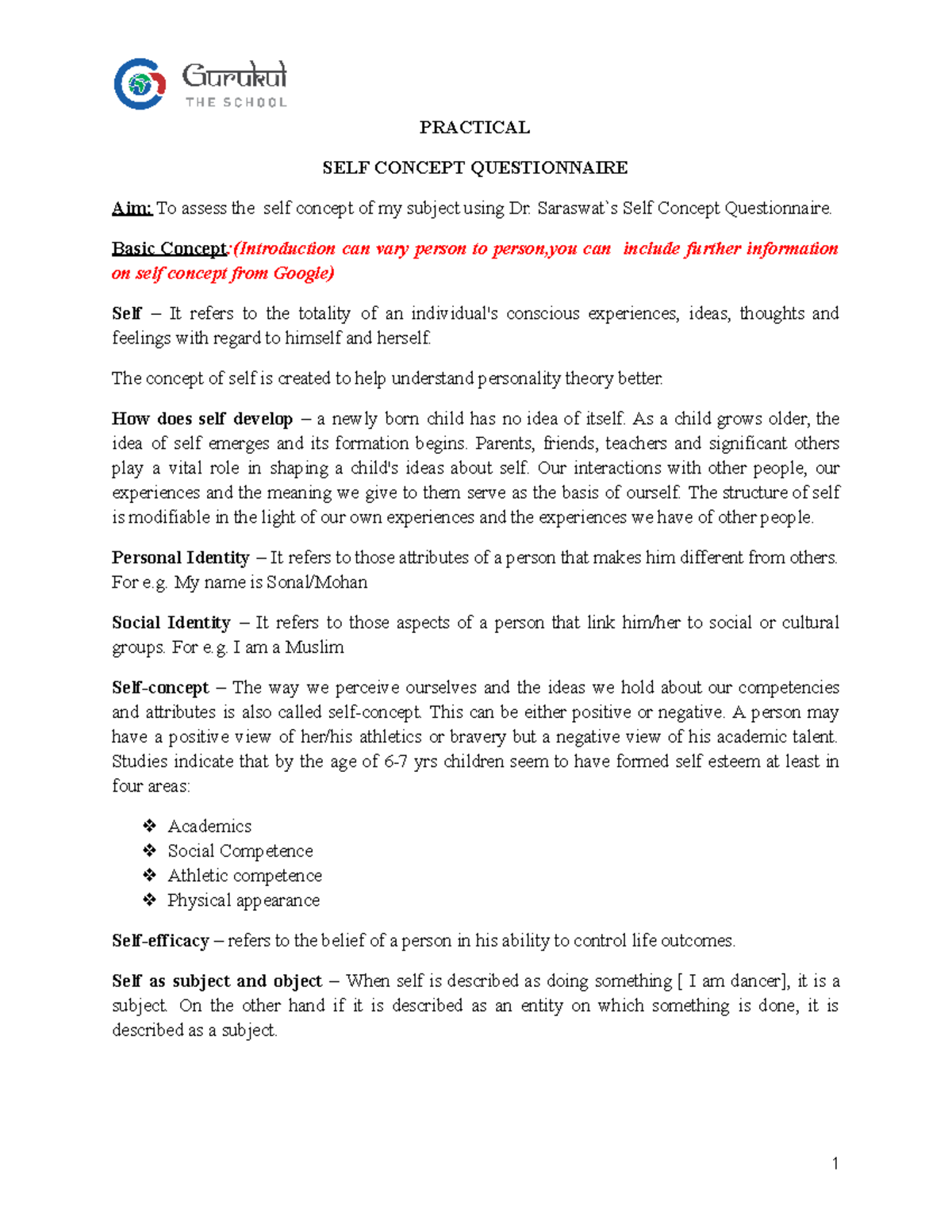 Ahw 2309252000 0108819013 1 - PRACTICAL SELF CONCEPT QUESTIONNAIRE Aim ...