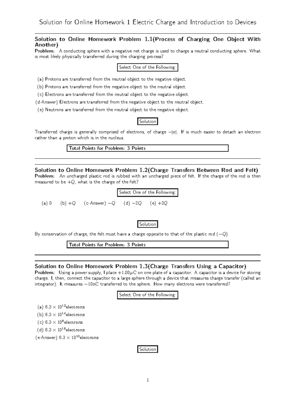 Homework Phys 2 - Solution for Online Homework 1 Electric Charge and ...
