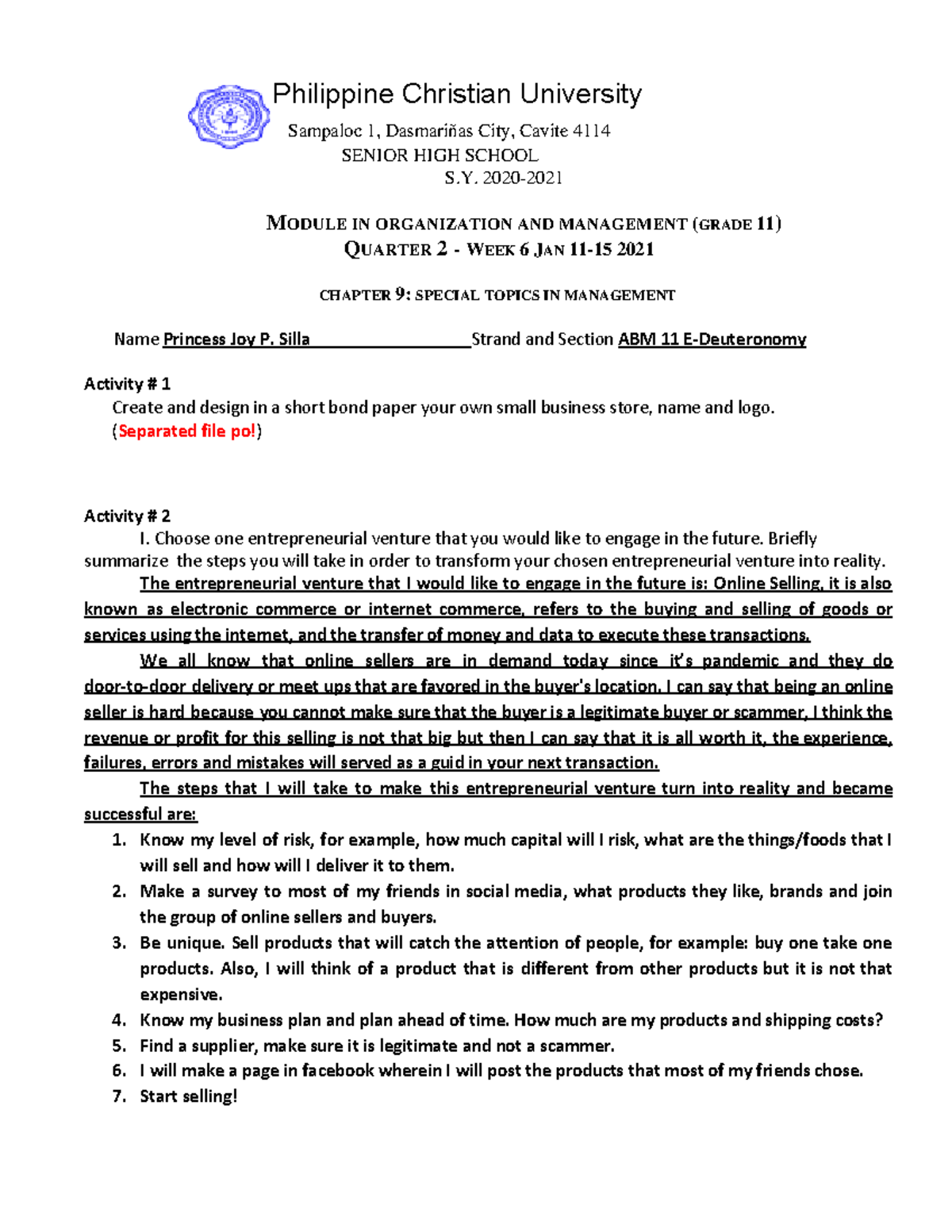 OM Module 2 Ndqrt WEEK6 - organizational management - Philippine Christian University Sampaloc 1 ...