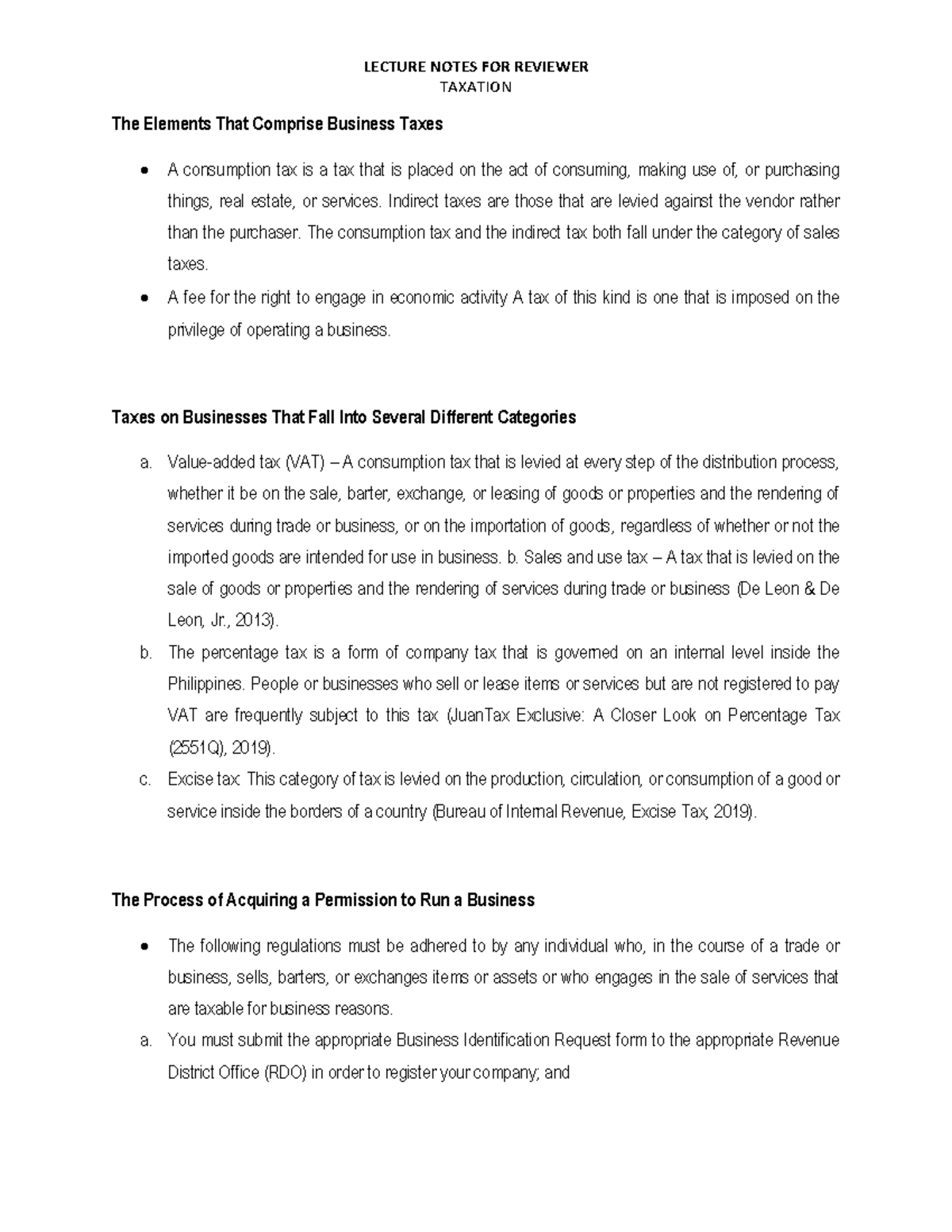 LECTURE NOTES FOR REVIEWER TAXATION The Elements That Comprise Business ...