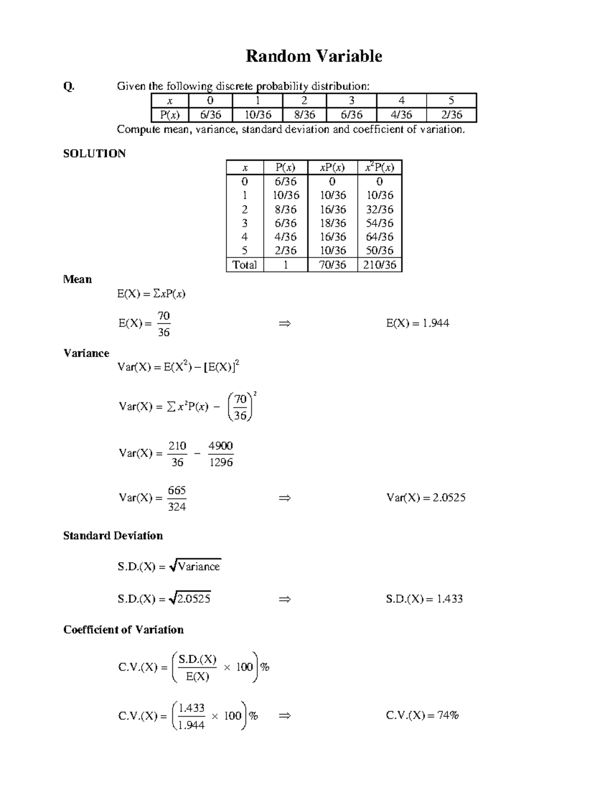 2. D R V Solution - Random Variable Q. Given the following discrete probability distribution: x ...