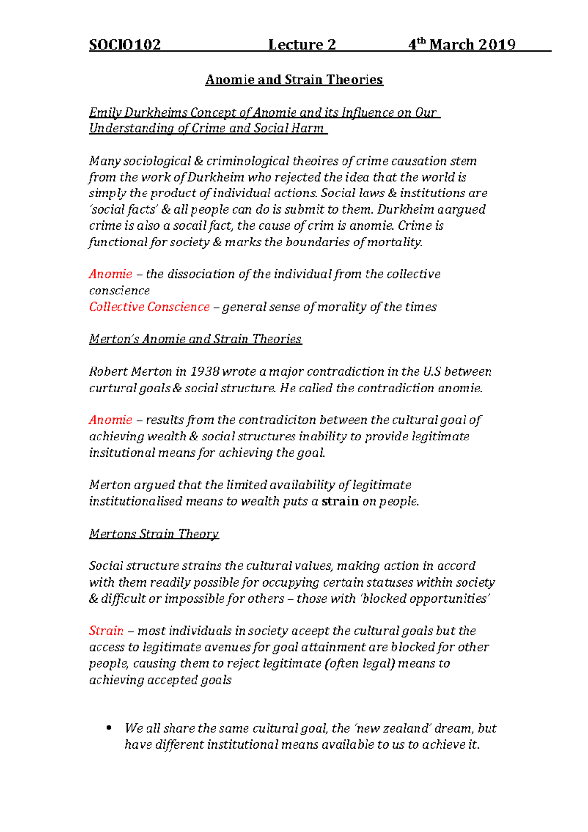 Socio 102 Lecture 2 - SOCIO102 Lecture 2 4 th March 2019 Anomie and Strain Theories Emily ...