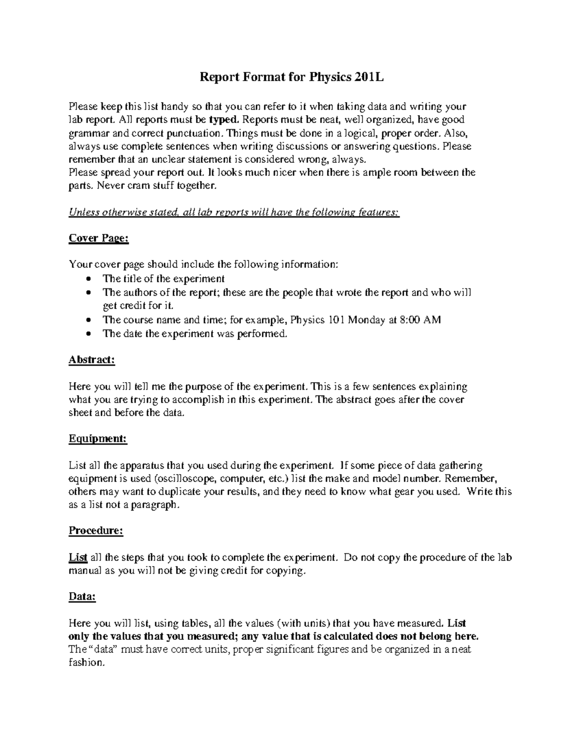 Report Format - All reports must be typed. Reports must be neat, well ...