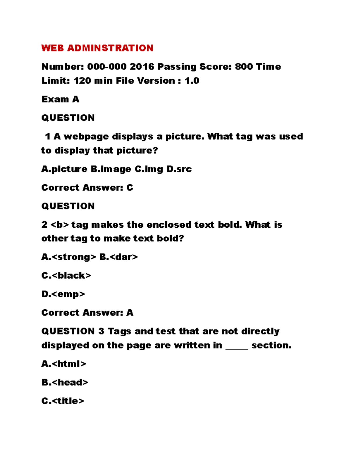 Exam 20 December 2017, questions and answers - WEB ADMINSTRATION Number ...