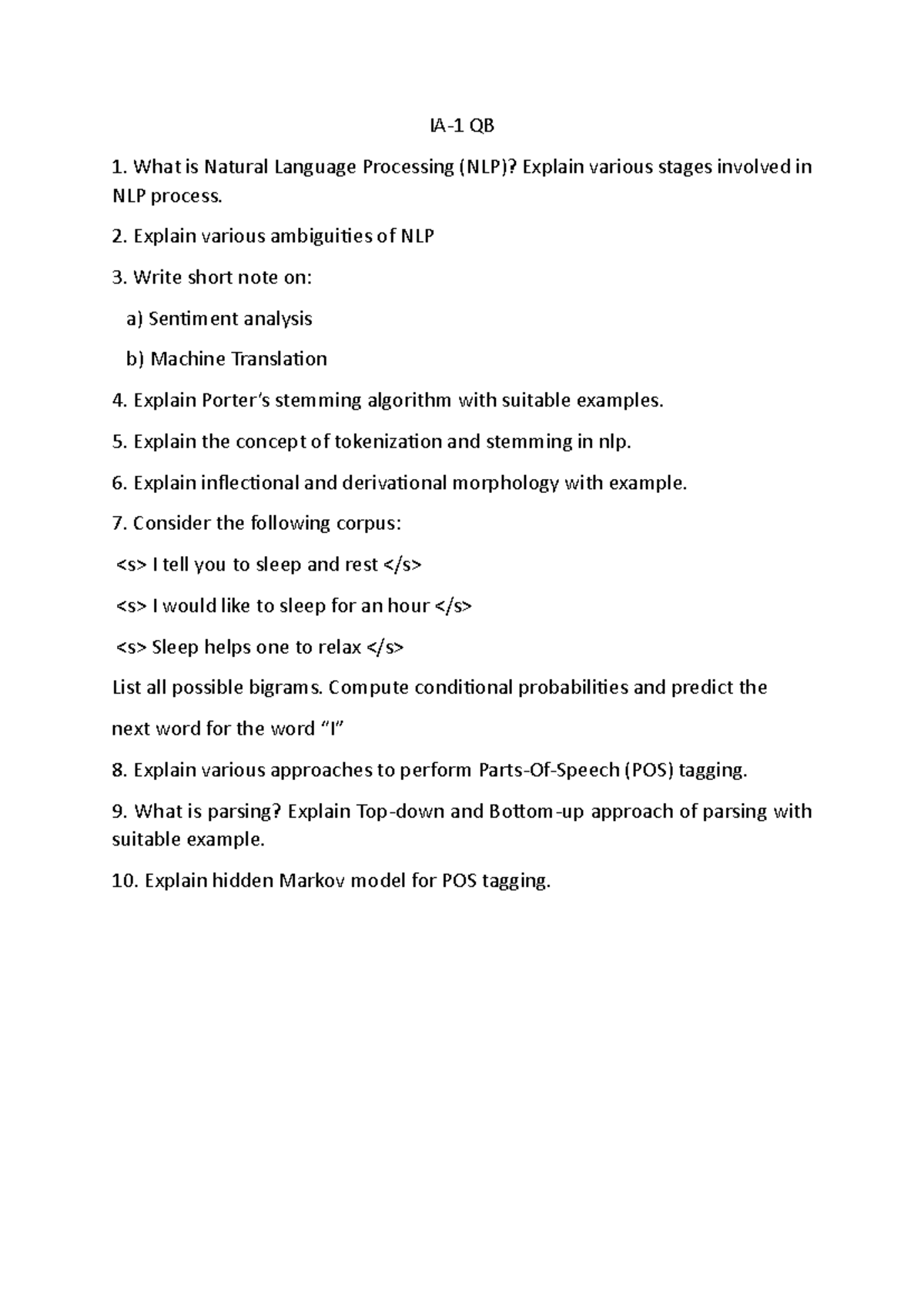 NLP Question Bank - IA-1 QB What is Natural Language Processing (NLP)? Explain various stages ...