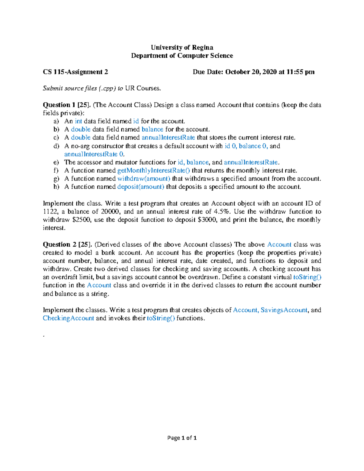 CS 115-003 Assignment-2 Fall-2020 - Page 1 of 1 University of Regina Department of Computer ...