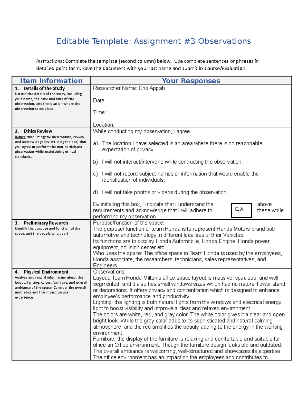 Assignment 3 Research - Editable Template: Assignment #3 Observations ...