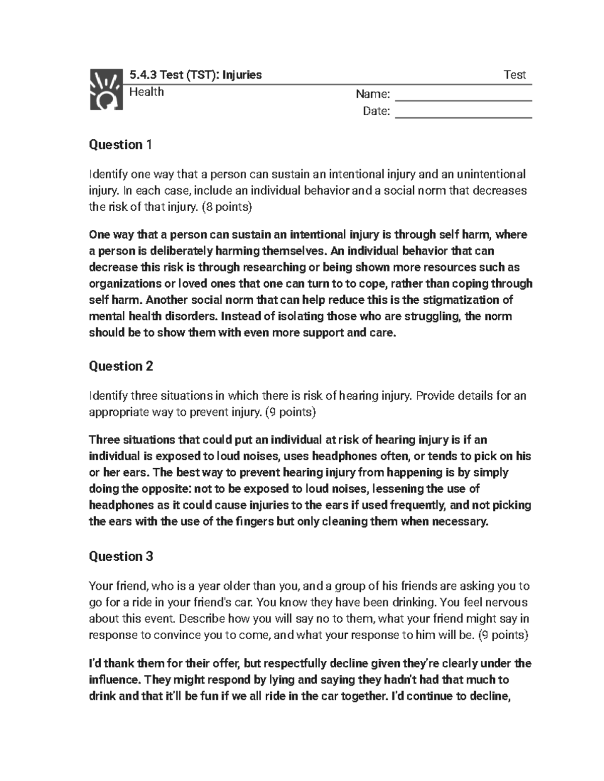 5.4.3 Test (TST) - Injuries (Test).docx - 5.4 Test (TST): Injuries Test ...