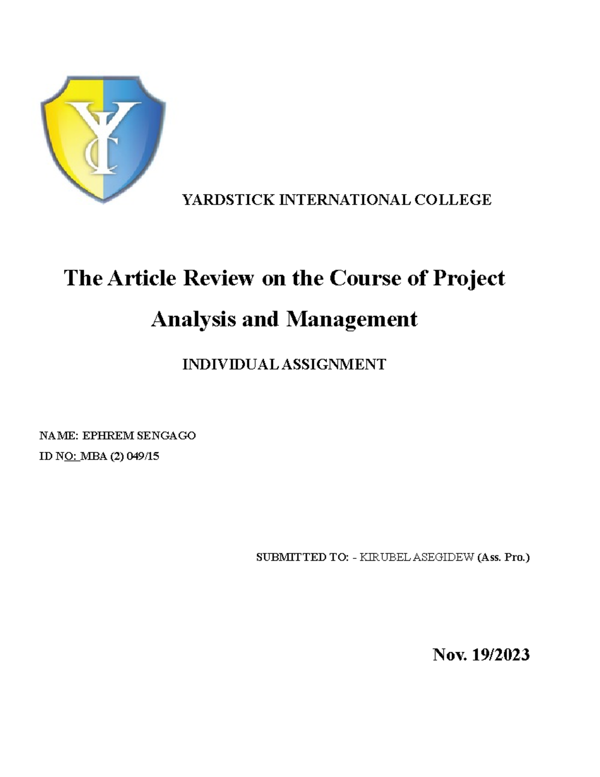 @ Project management - YARDSTICK INTERNATIONAL COLLEGE The Article ...