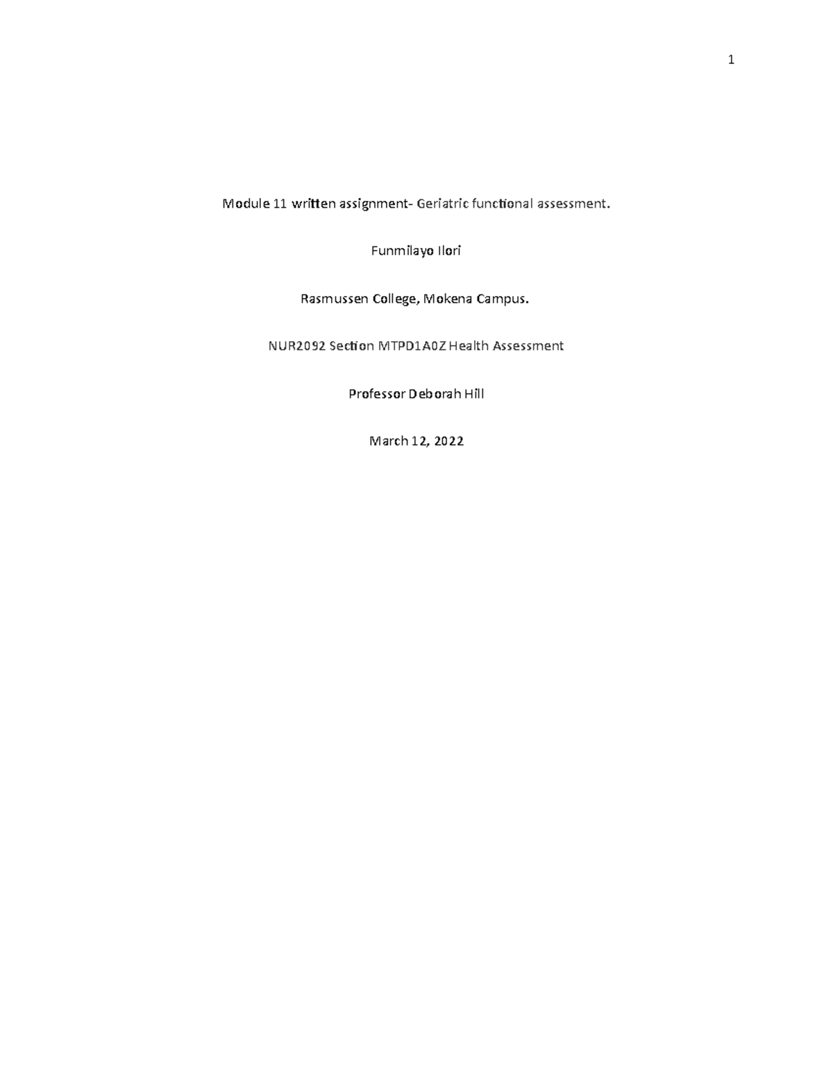 Filori Geriatric functional assessment 031222 - 1 Module 11 written assignment- Geriatric ...