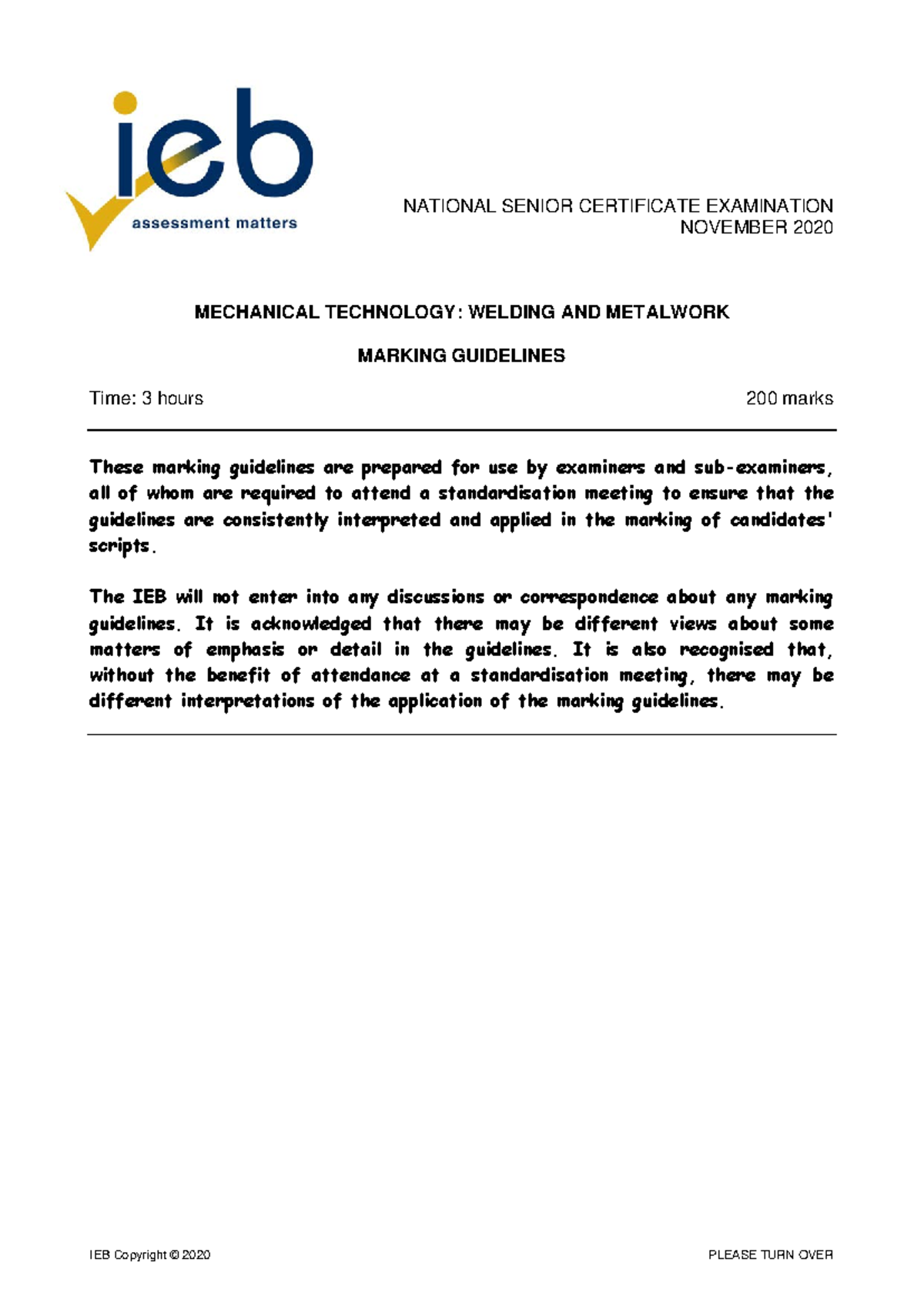 Mechanical Technology Welding and Metalwork Memo 2020 - NATIONAL SENIOR ...