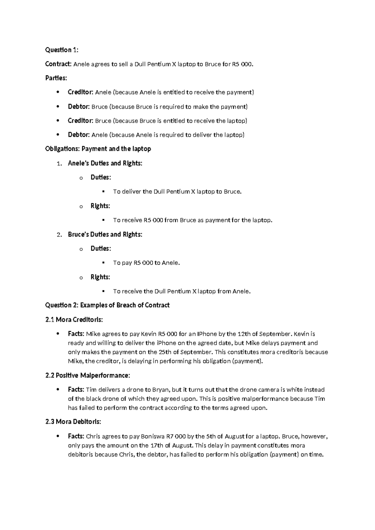 Tutorial Question 1 - Question 1: Contract: Anele agrees to sell a Dull Pentium X laptop to ...