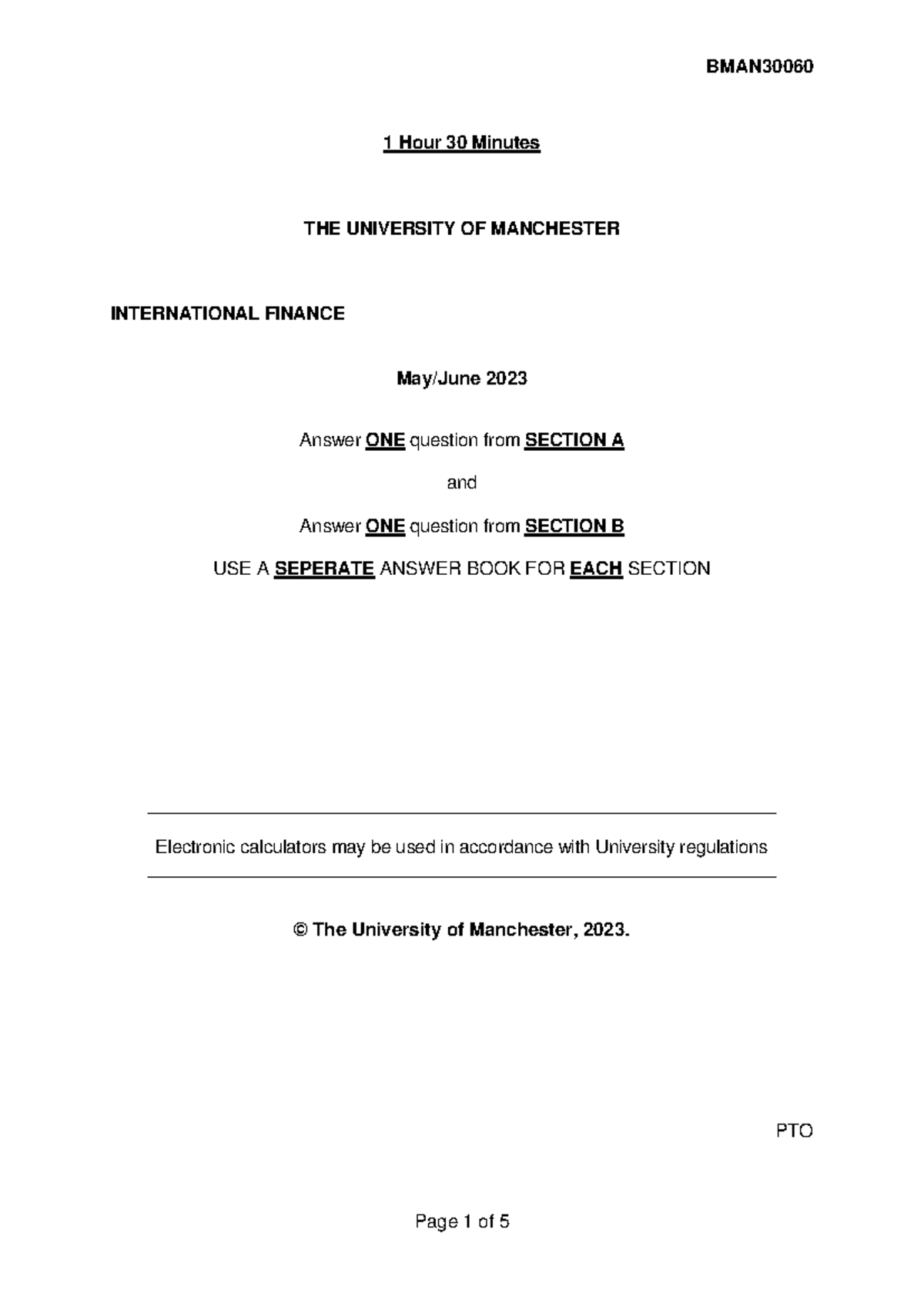 BMAN30060 S2 Exam 22-23 - 1 Hour 30 Minutes THE UNIVERSITY OF ...