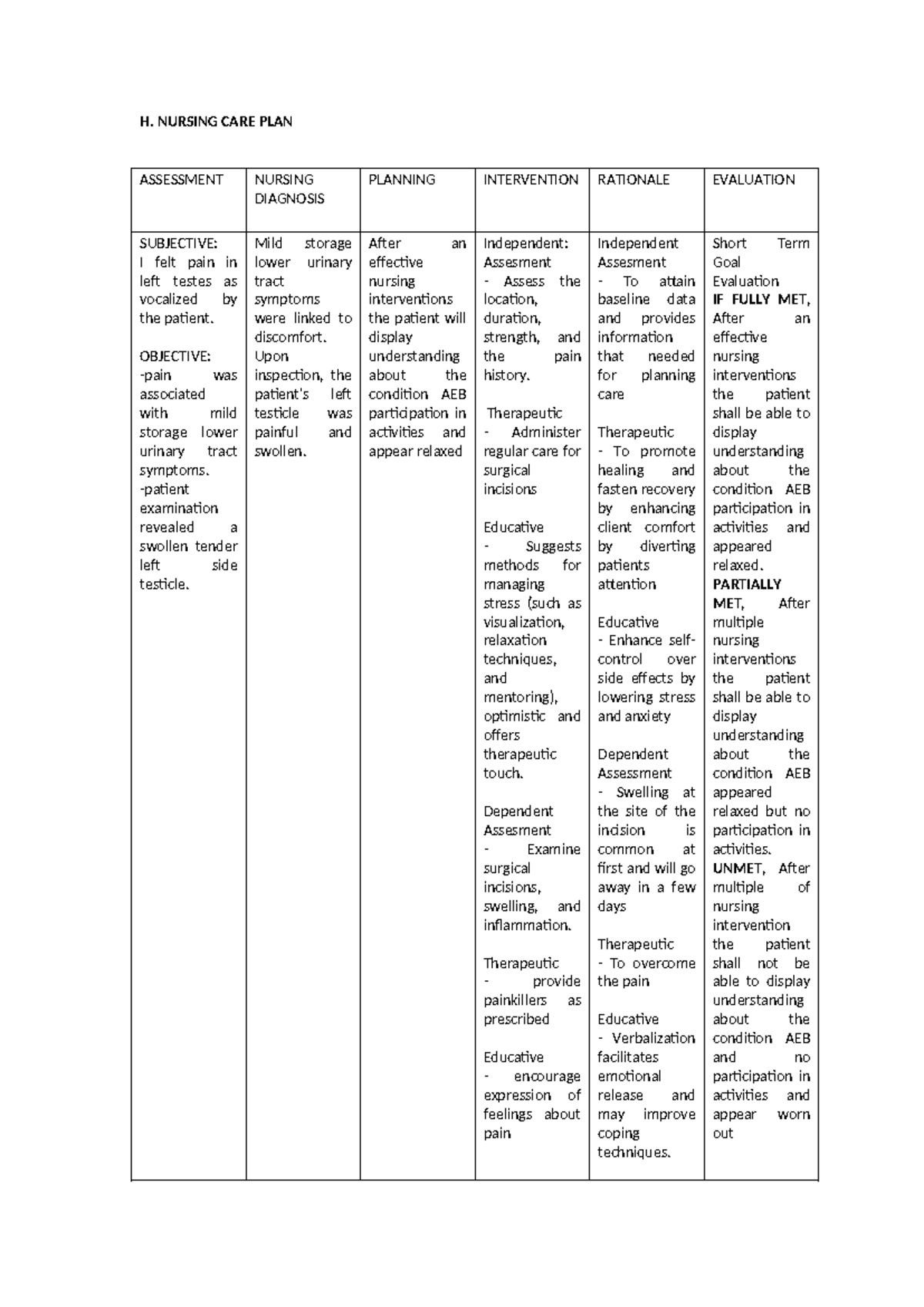 Nursing-CARE-PLAN - ,,,,,, - H. NURSING CARE PLAN ASSESSMENT NURSING ...