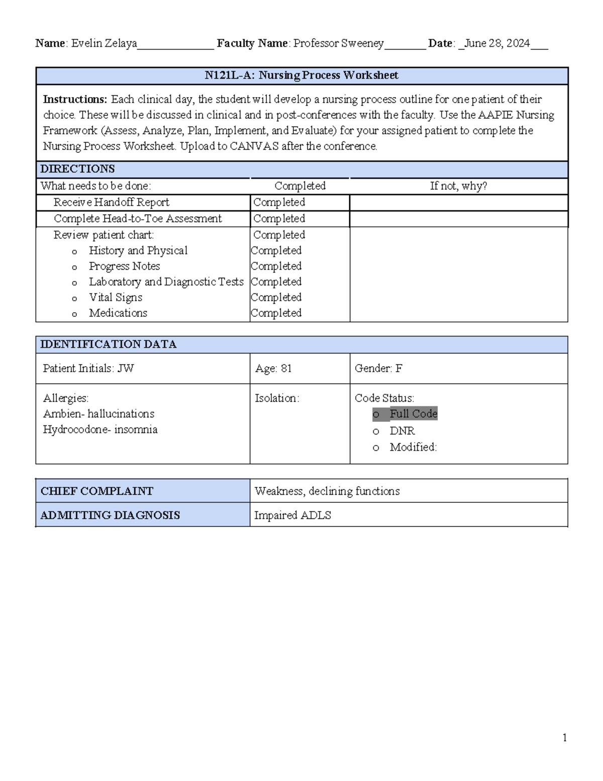 N121L-A Nursing Process Worksheet - Name: Evelin Zelaya_____________ Faculty Name: Professor ...
