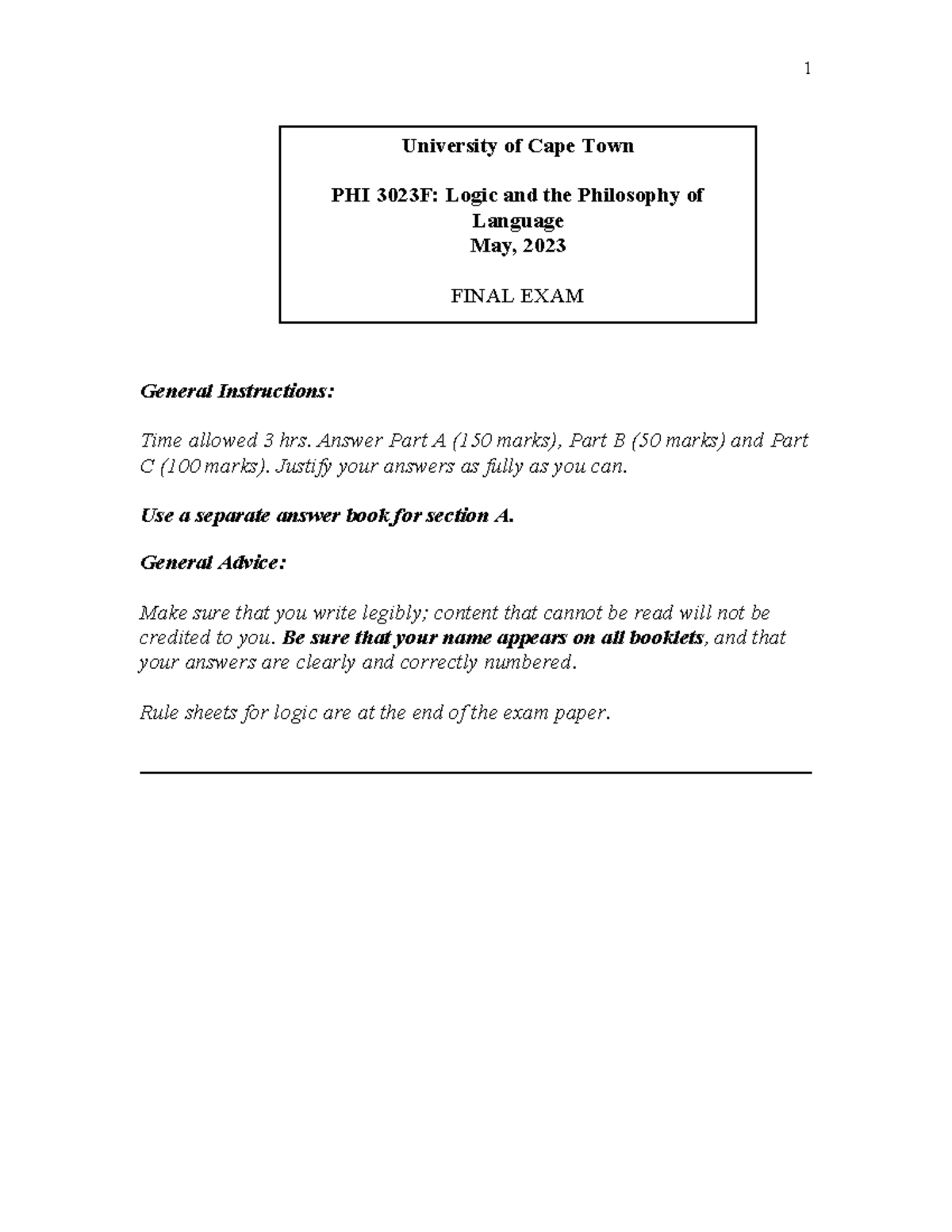 2023 Final Exam Solutions - General Instructions: Time allowed 3 hrs ...