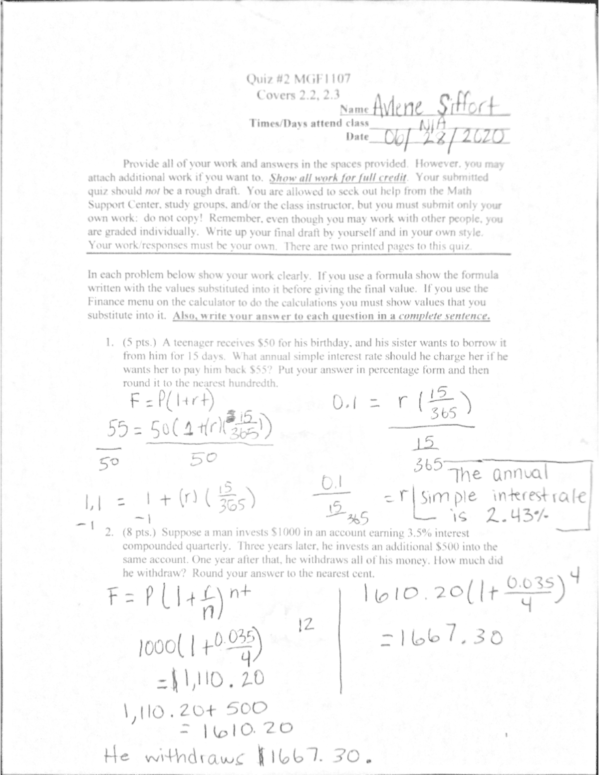 Quiz 2 MGF 1107 - This course covers many mathematical skills including ...