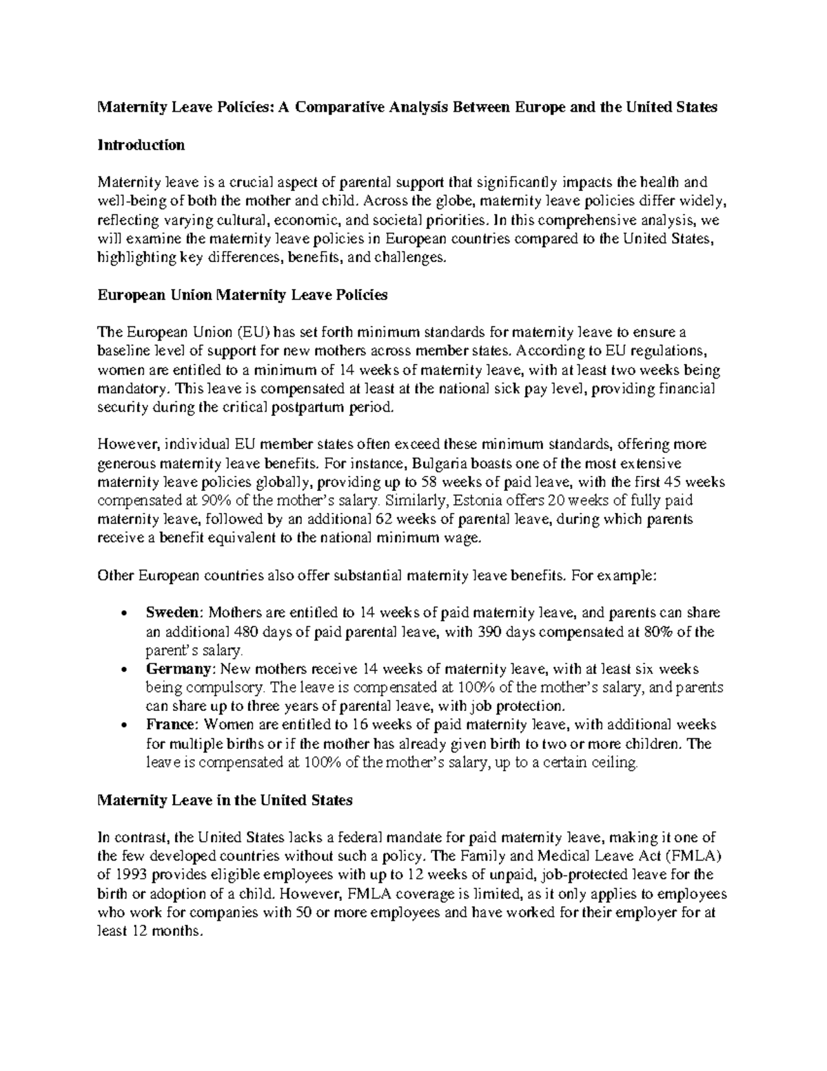 Maternity Leave Policies EU vs US - Maternity Leave Policies: A ...