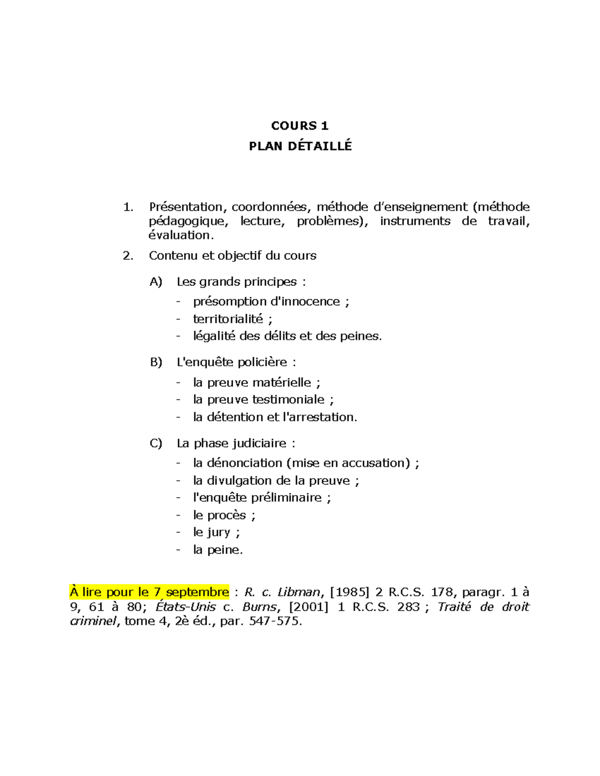 Pénal 2 - Note de cours - Cours 1 - 2021-2022 - UdeM - COURS 1 PLAN ...