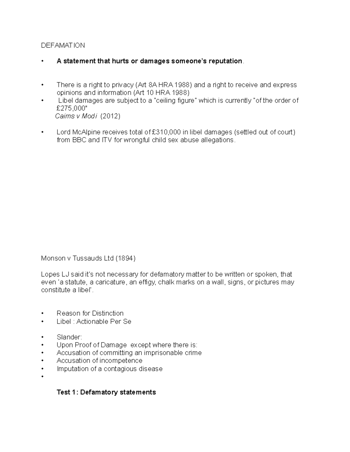 Defamation - DEFAMATION • A statement that hurts or damages someone’s ...