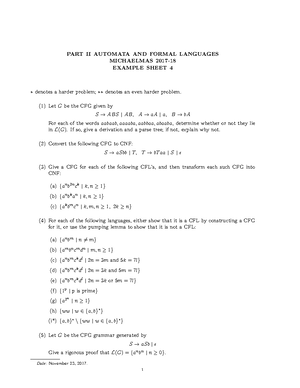 Automata and Formal Languages 2017-2018 Example Sheet 2 - PART II AUTOMATA AND FORMAL LANGUAGES ...