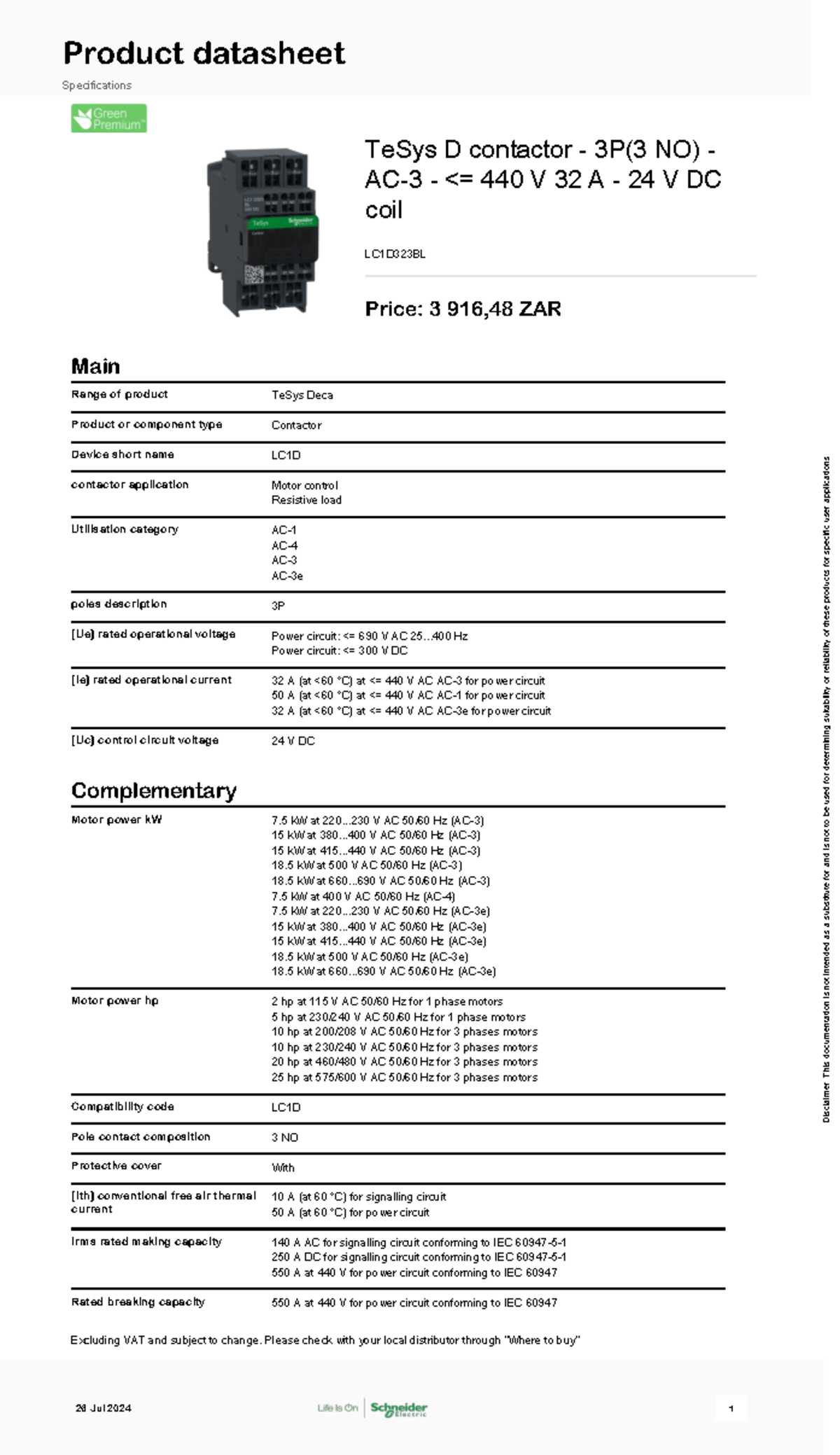 Schneider Electric Te Sys-Deca-contactors LC1D323BL - TeSys D contactor ...