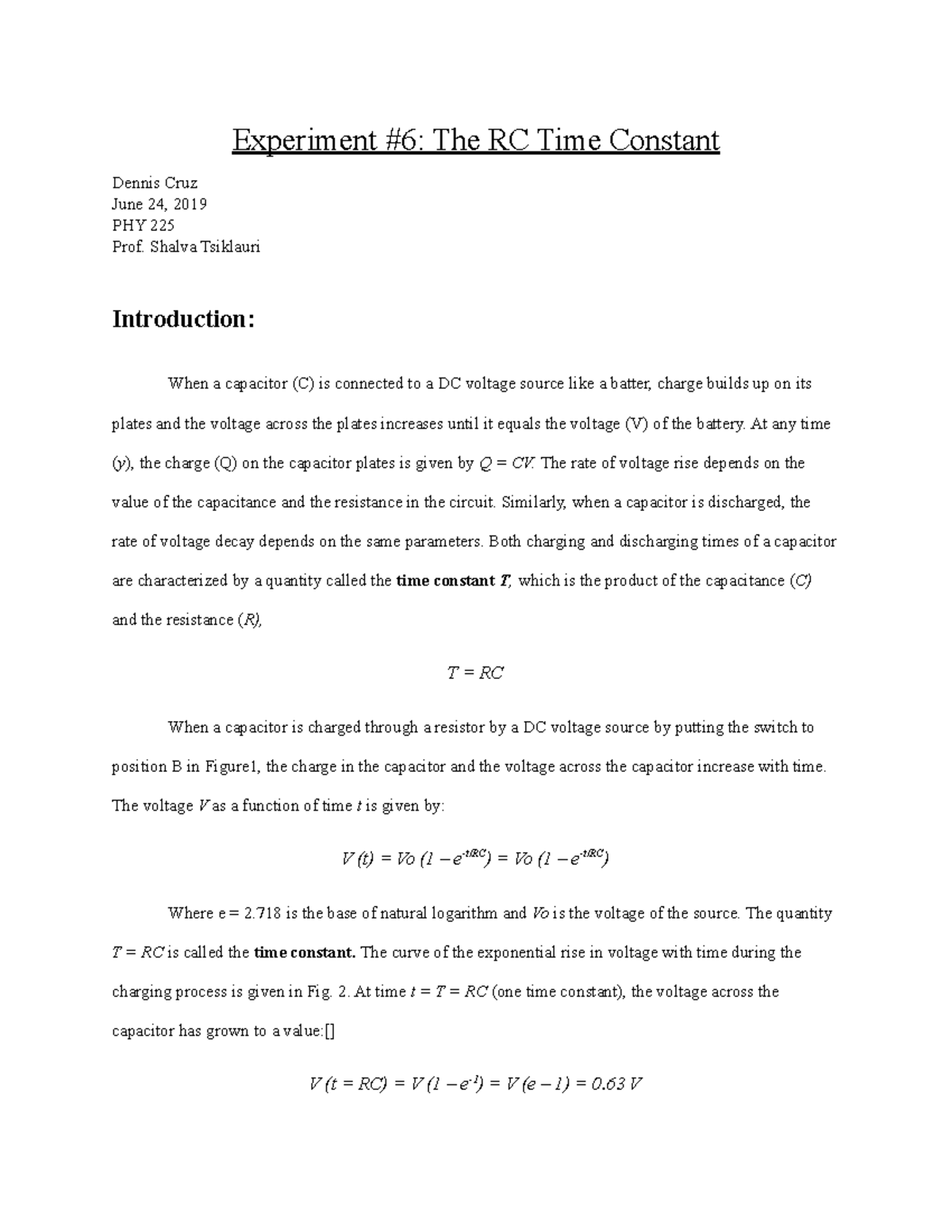 Experiment 6 RC conectors - Experiment #6: The RC Time Constant Dennis ...