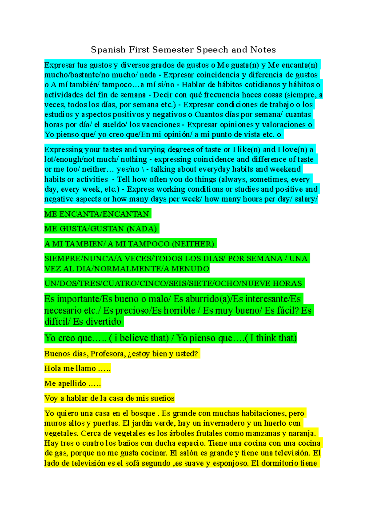 Spanish 1st Year Oral - An oral , translation of questions and key ...