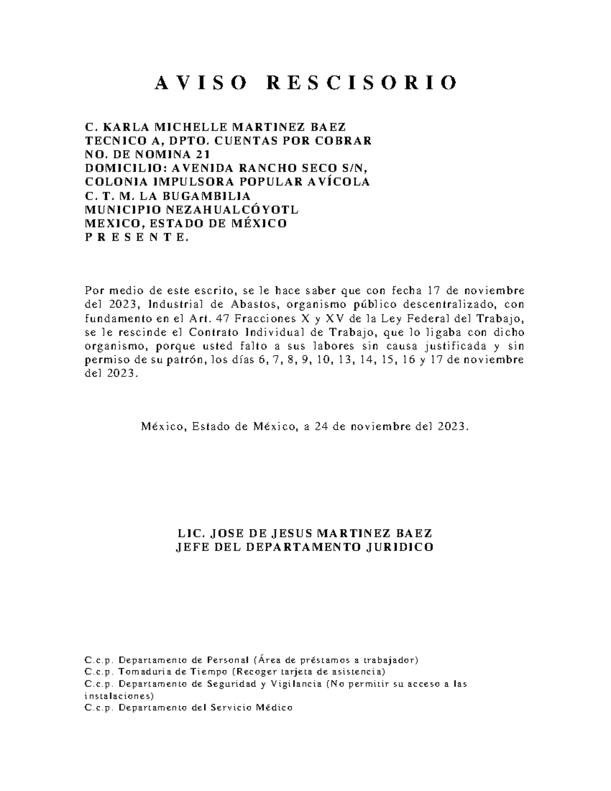 Trabajo Laboral - Aviso Rescisorio modelo - A V I S O R E S C I S O R I O C. KARLA MICHELLE ...