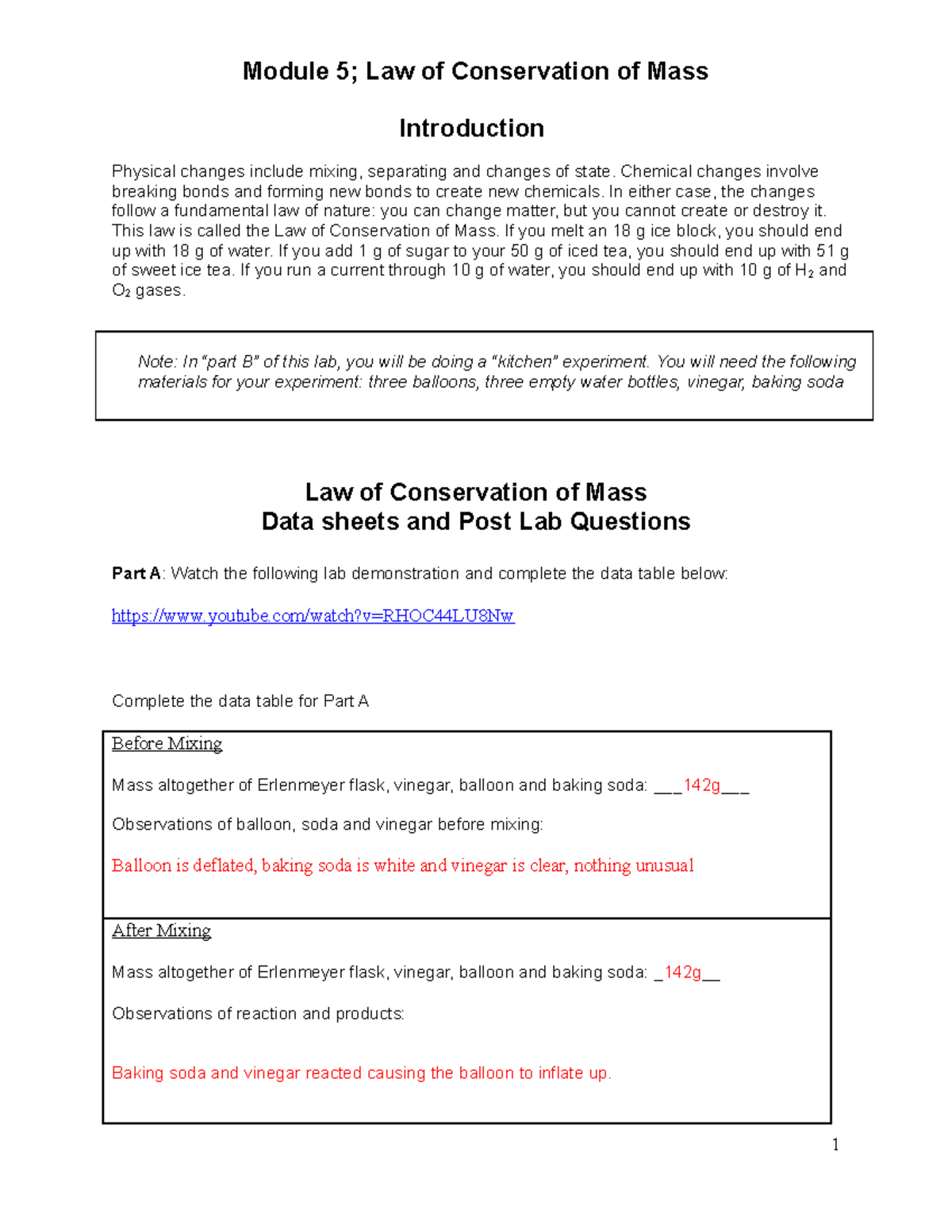Module 5 Law of Conservation of Mass - Chemical changes involve ...