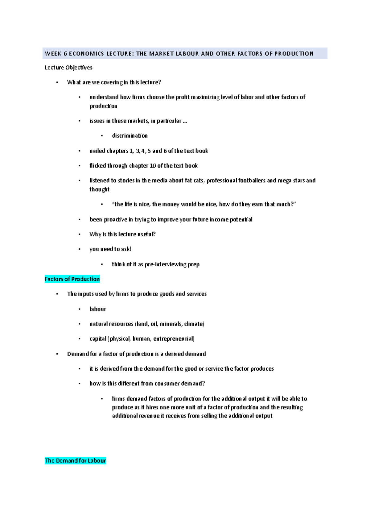 Week 6 Economics Lecture - WEEK 6 ECONOMICS LECTURE: THE MARKET LABOUR ...