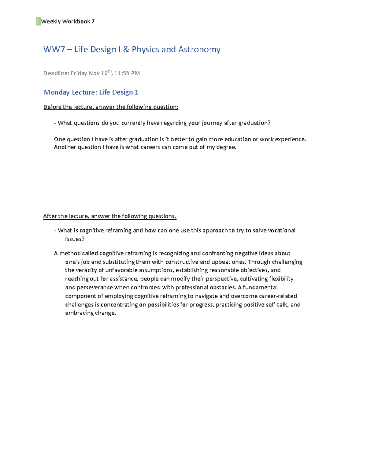 WW7 - 1 Weekly Workbook 7 WW7 – Life Design I & Physics and Astronomy ...