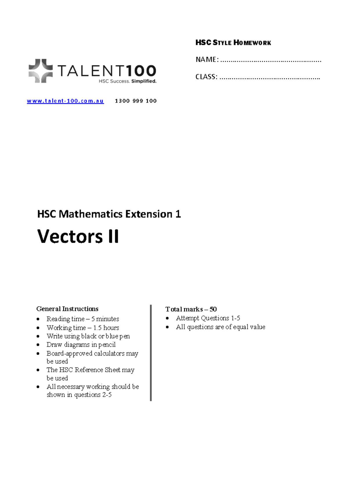 Vectors 2 test - HSC Mathematics Extension 1 Vectors II General ...