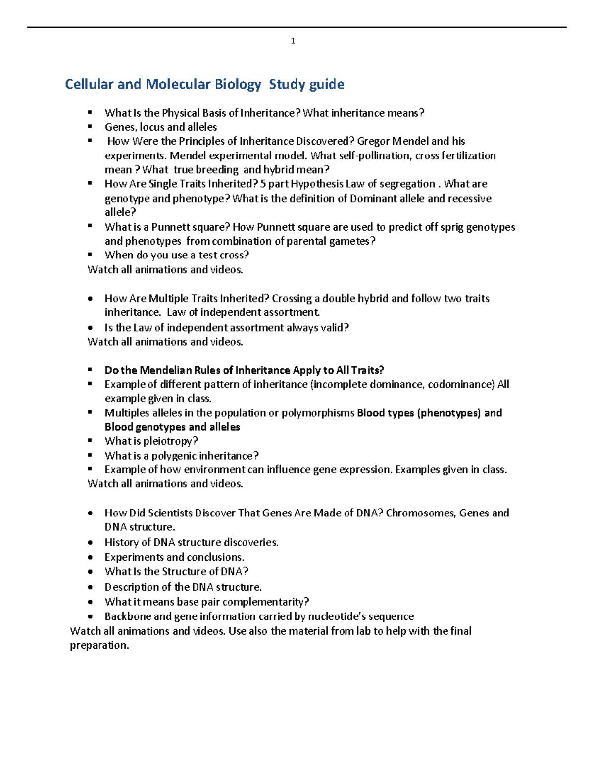 Cellular and Molecular Biology Study guide - Mendel experimental model ...