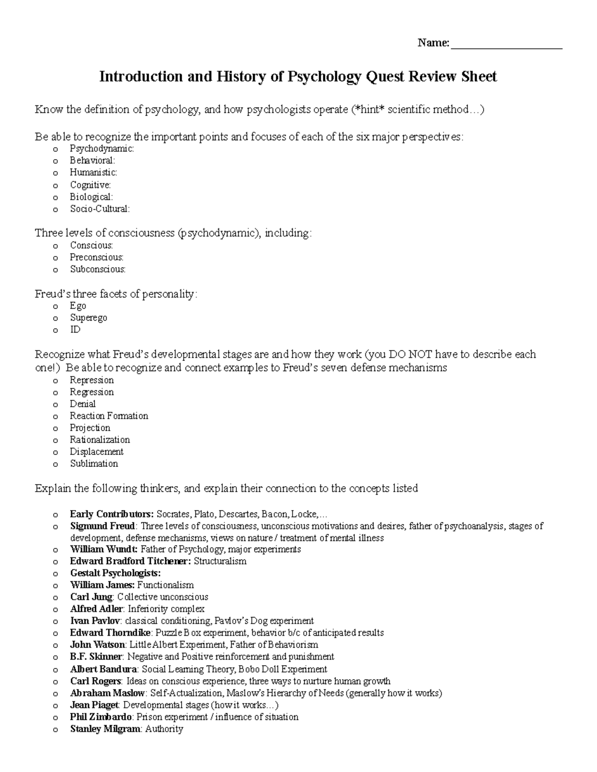 Introto Psych Review Sheet - Name:___________________ Introduction and ...