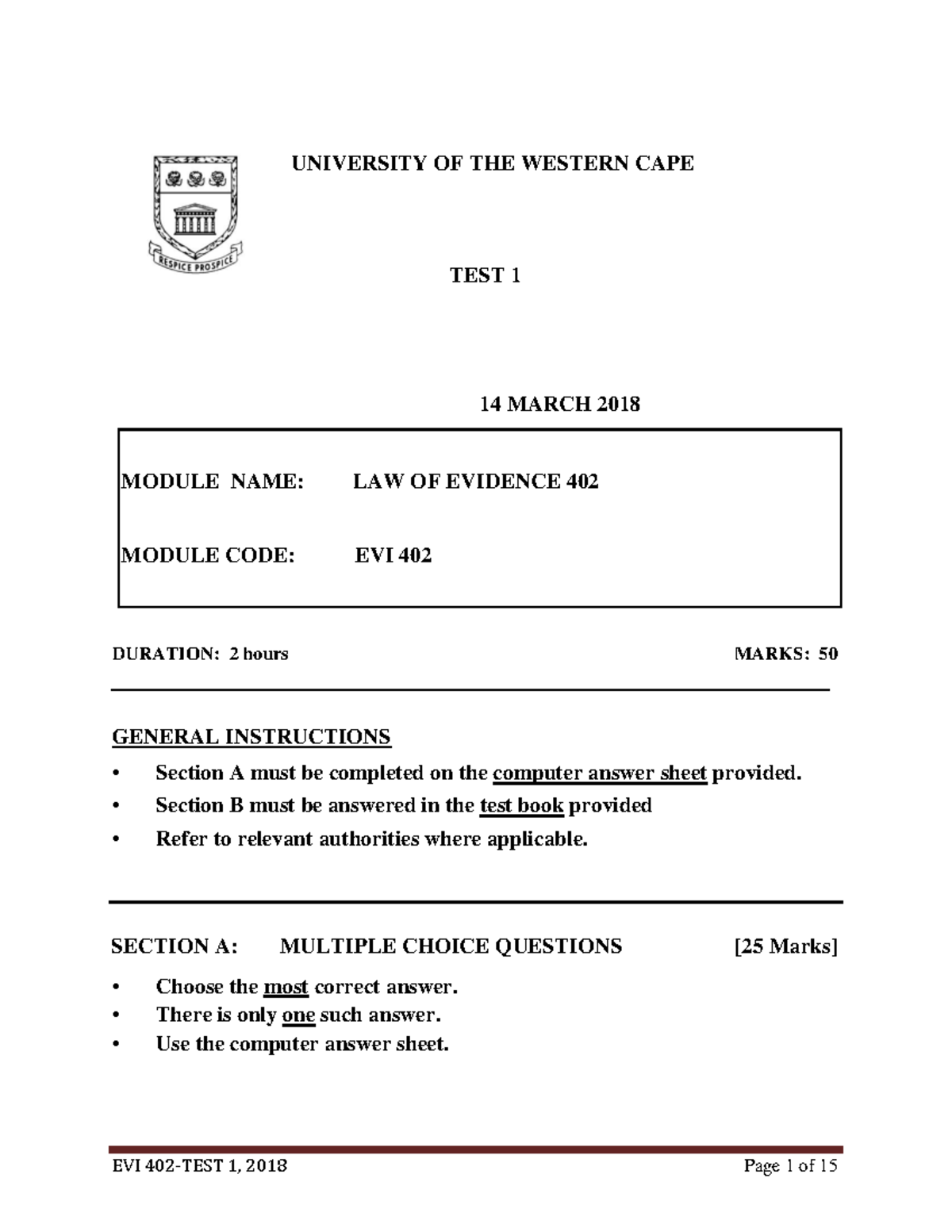 Evidence Test 1 2018 final answered - UNIVERSITY OF THE WESTERN CAPE ...