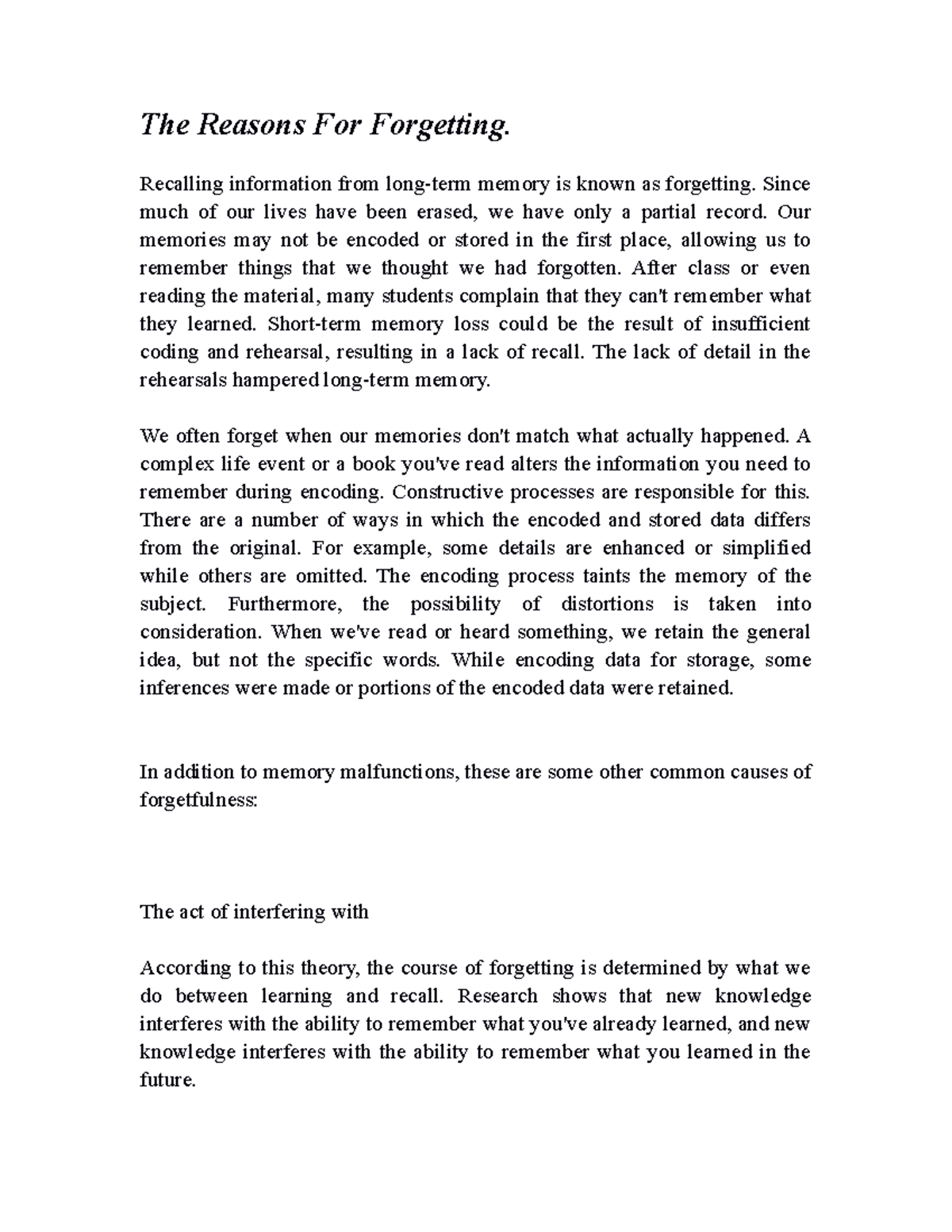 The Reasons For Forgetting - Recalling information from long-term ...