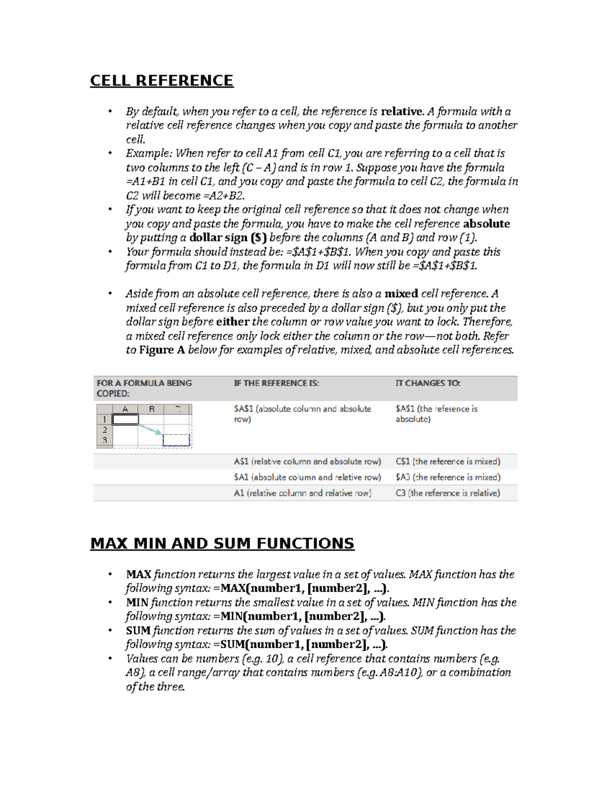 COMM 391 Notes - Cell Reference - CELL REFERENCE By default, when you ...