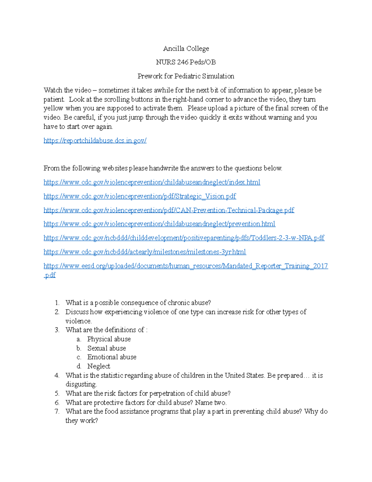 Pre-work for PEDS SIMULATION - Ancilla College NURS 246 Peds/OB Prework ...
