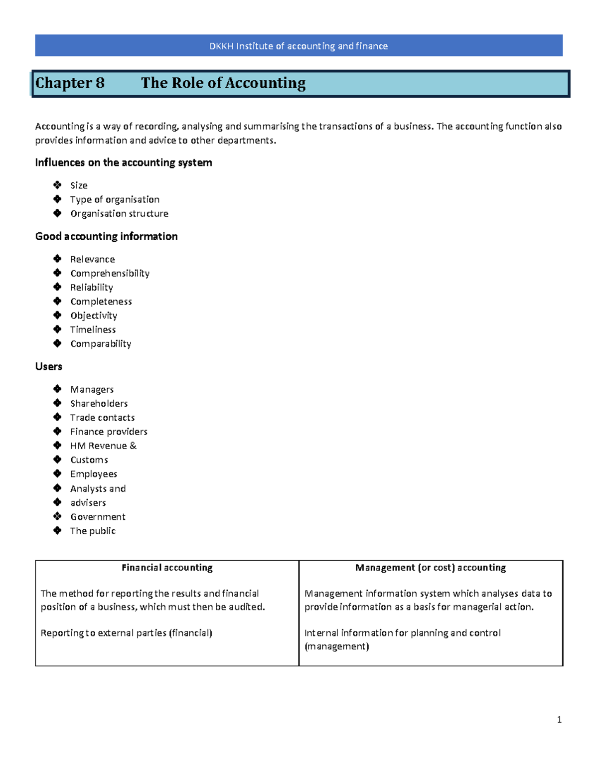 Ch8-Notes - Notes - Chapter 8 The Role of Accounting Accounting is a ...