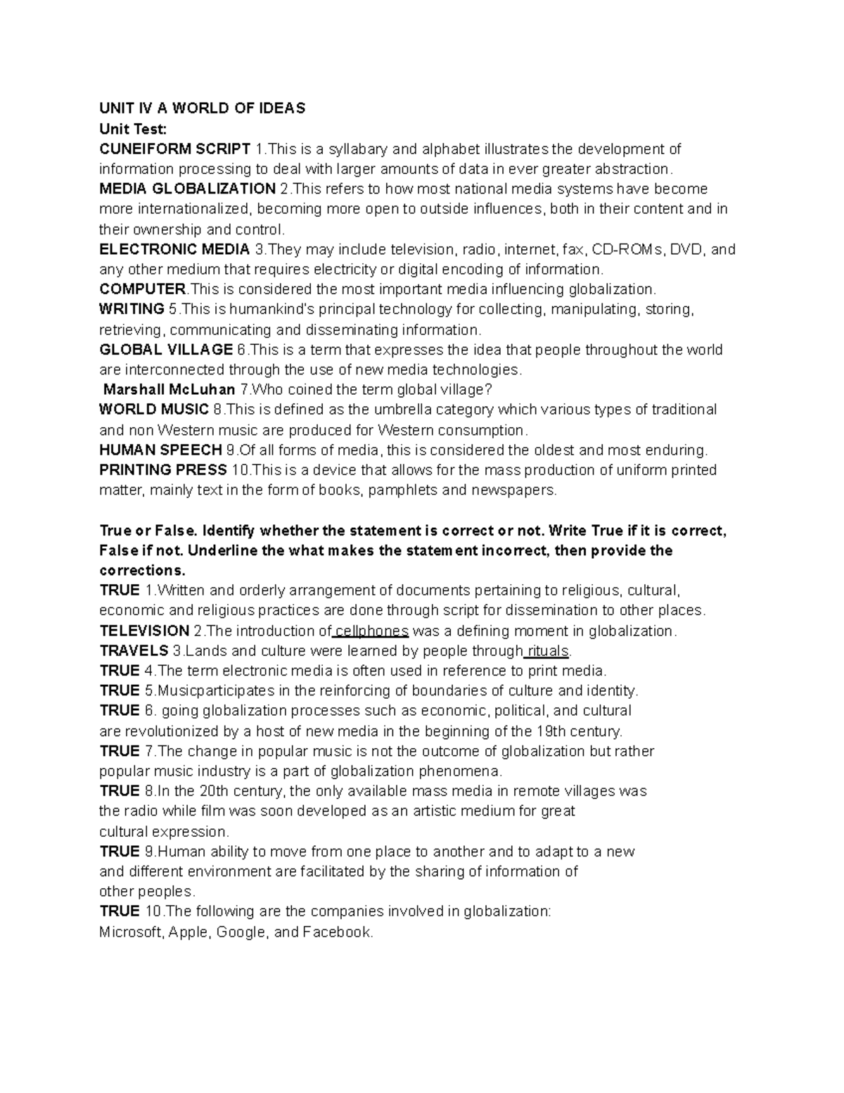 TCW-UNIT-TEST - UNIT IV A WORLD OF IDEAS Unit Test: CUNEIFORM SCRIPT 1 ...