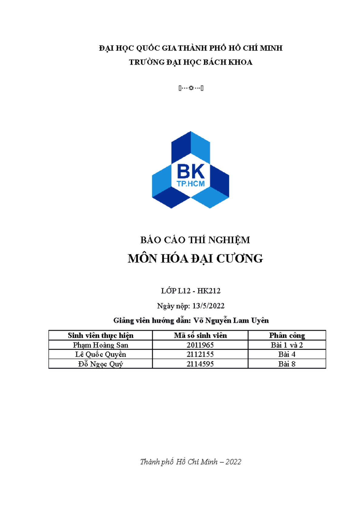 Báo cáo Hóa đại cương hcmut - ĐẠI HỌC QUỐC GIA THÀNH PHỐ HỒ CHÍ MINH ...