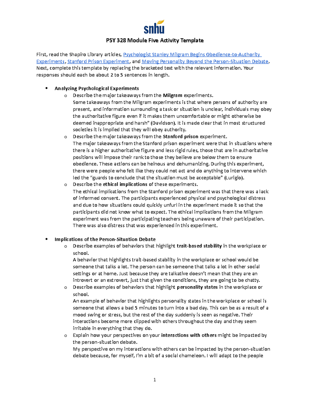 PSY 328 Module Five Activity AV - Next, complete this template by replacing the bracketed text ...