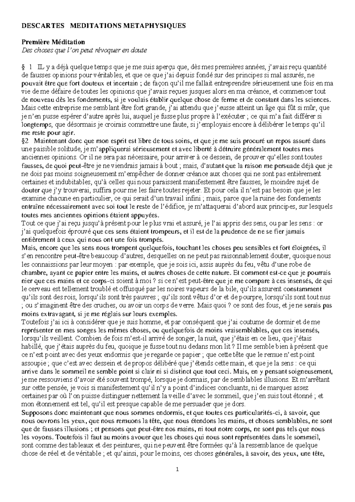 Commentaire de texte Descartes Meditations Metaphysiques (II ...