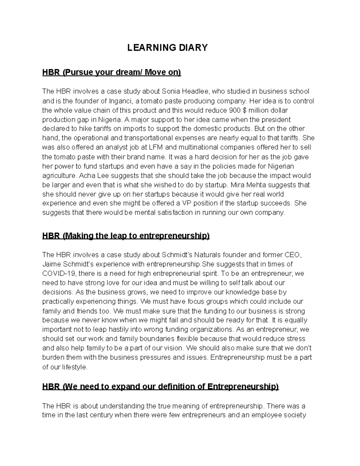 Learning Diary for enterpreneurship - LEARNING DIARY HBR (Pursue your ...